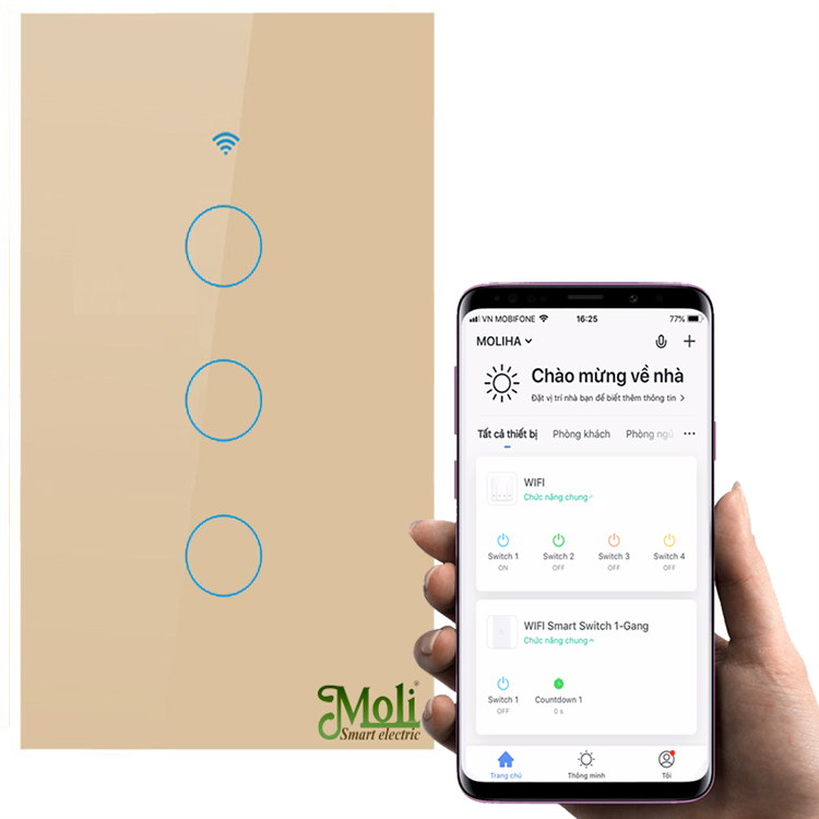 Công Tắc Cảm Ứng Wifi Điều Khiển Cho 3 Thiết Bị Moli ML-WF3 - Tuấn Lộc Phát