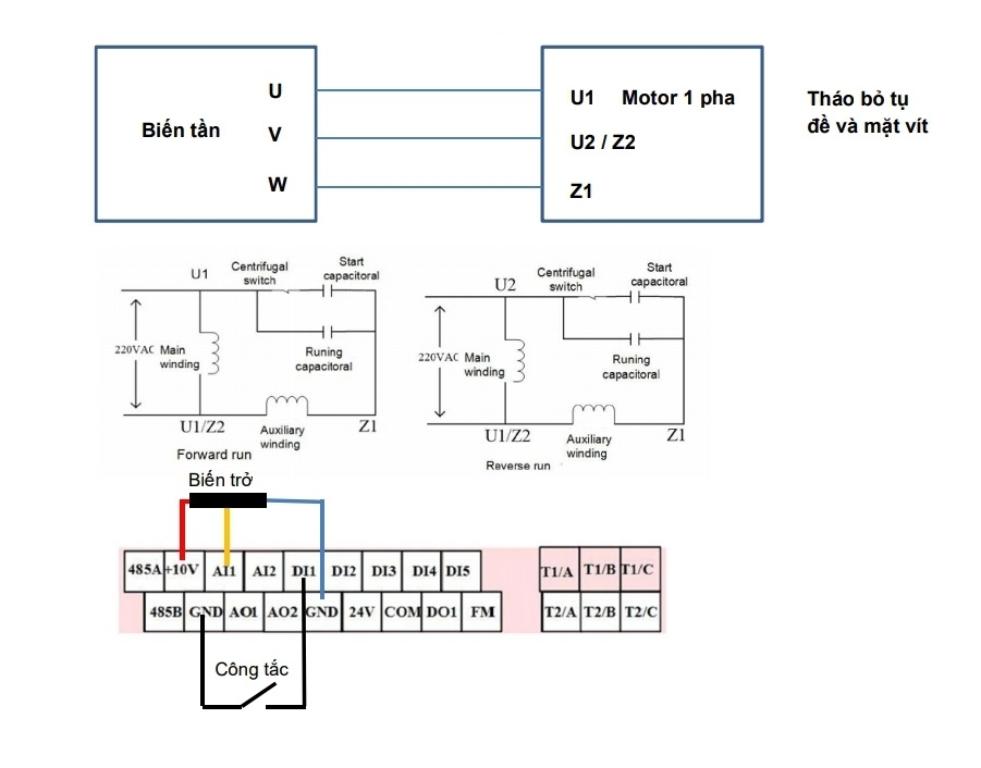 Hướng Dẫn Sơ Đồ Đấu Nối Biến Tần SU200 Sumo Với Motor 1Pha 220V Có Tụ